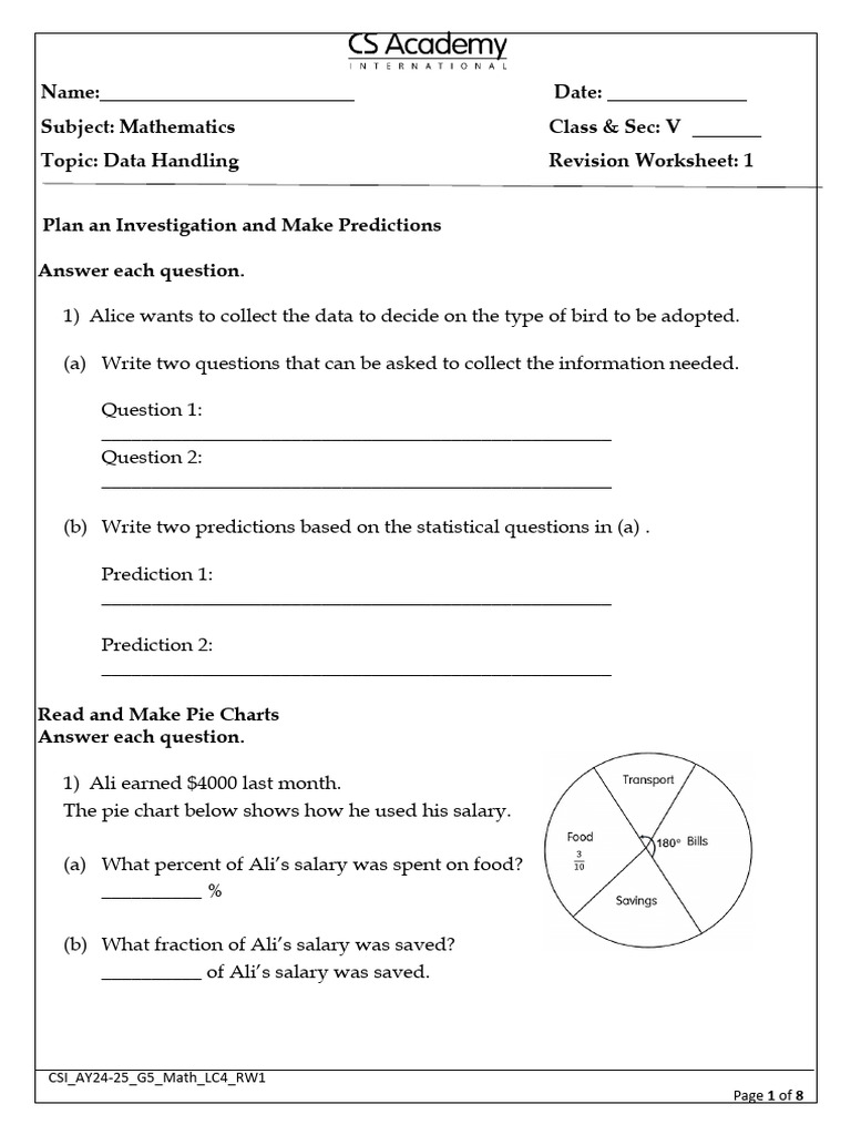 Grade 5 Data Handling Revision Worksheet | PDF | Mode (Statistics ...