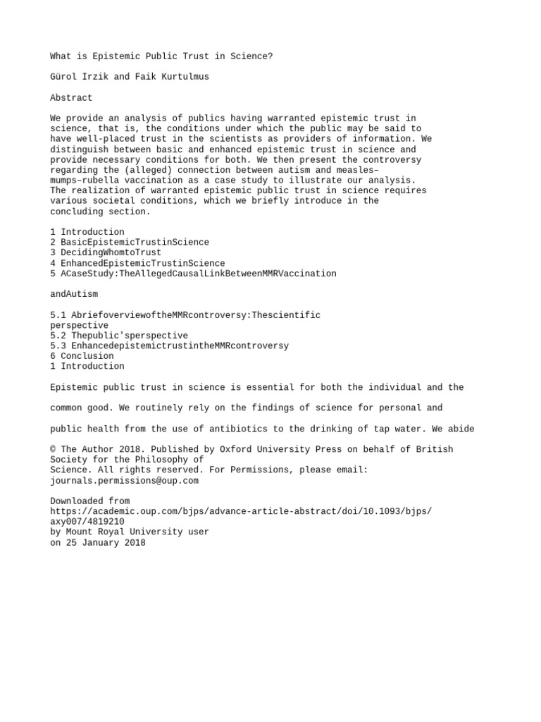 29) What is Epistemic Public Trust in Science (Irzik, 2019) | PDF ...