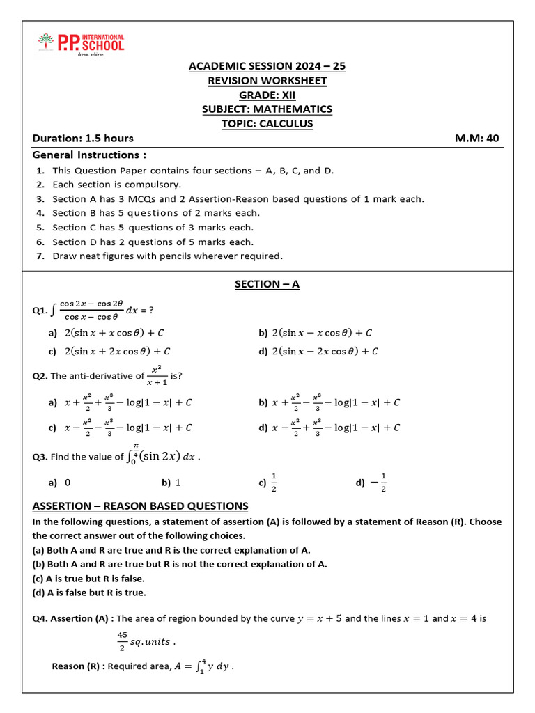 Grade 12 Calculus Revision Worksheet | PDF