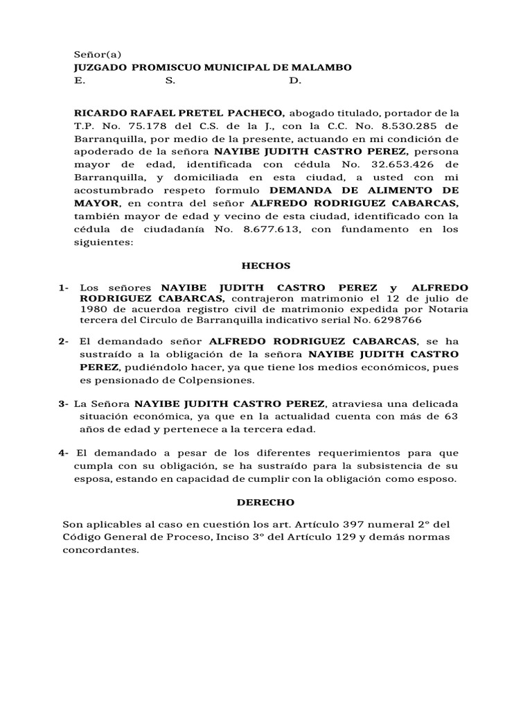 Demanda de Alimentos para Mayor - Nidia Castillo | PDF | Justicia ...
