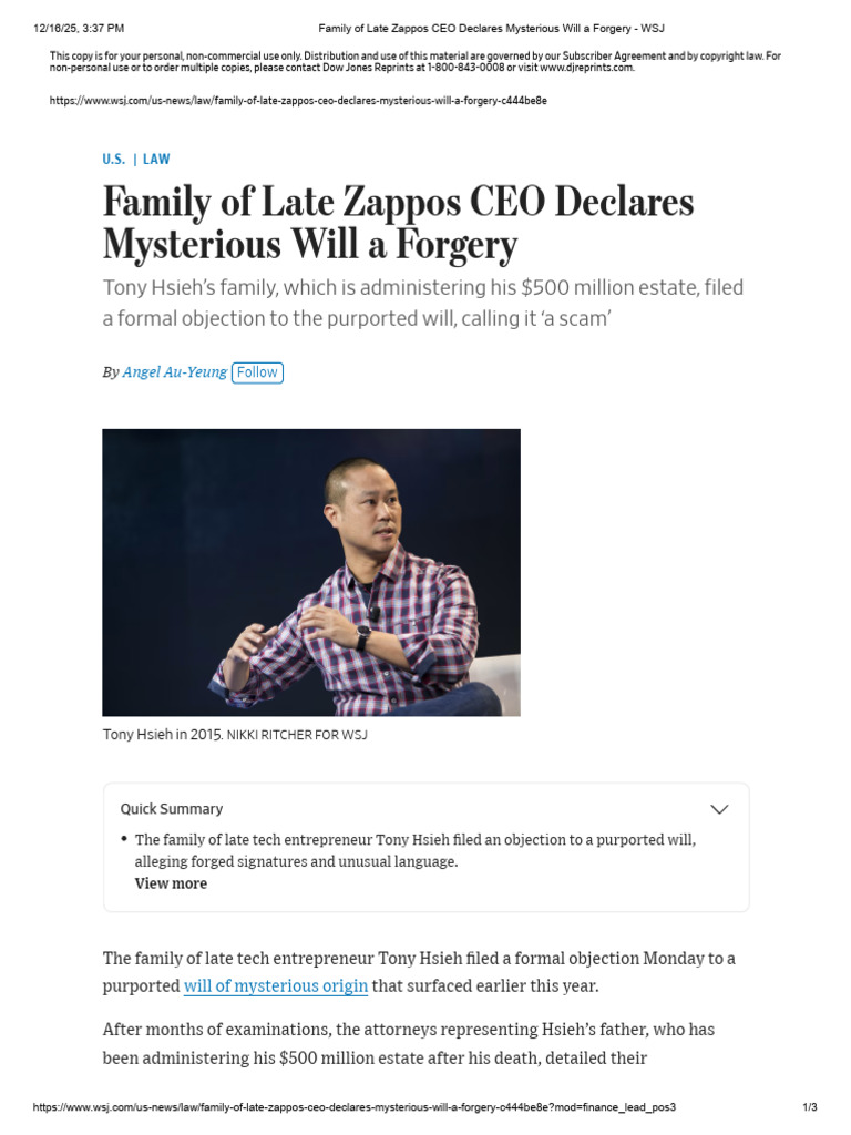 Family of Late Zappos CEO Declares Mysterious Will A Forgery - WSJ ...
