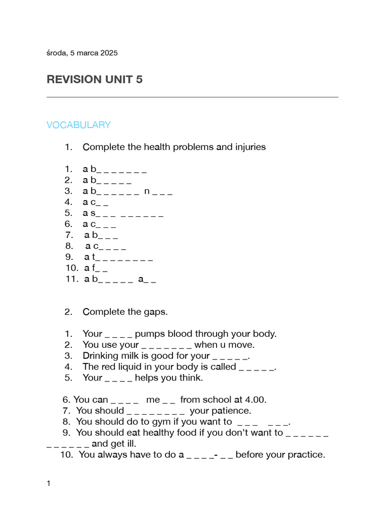 unit 5 revision exercises | PDF | Hygiene