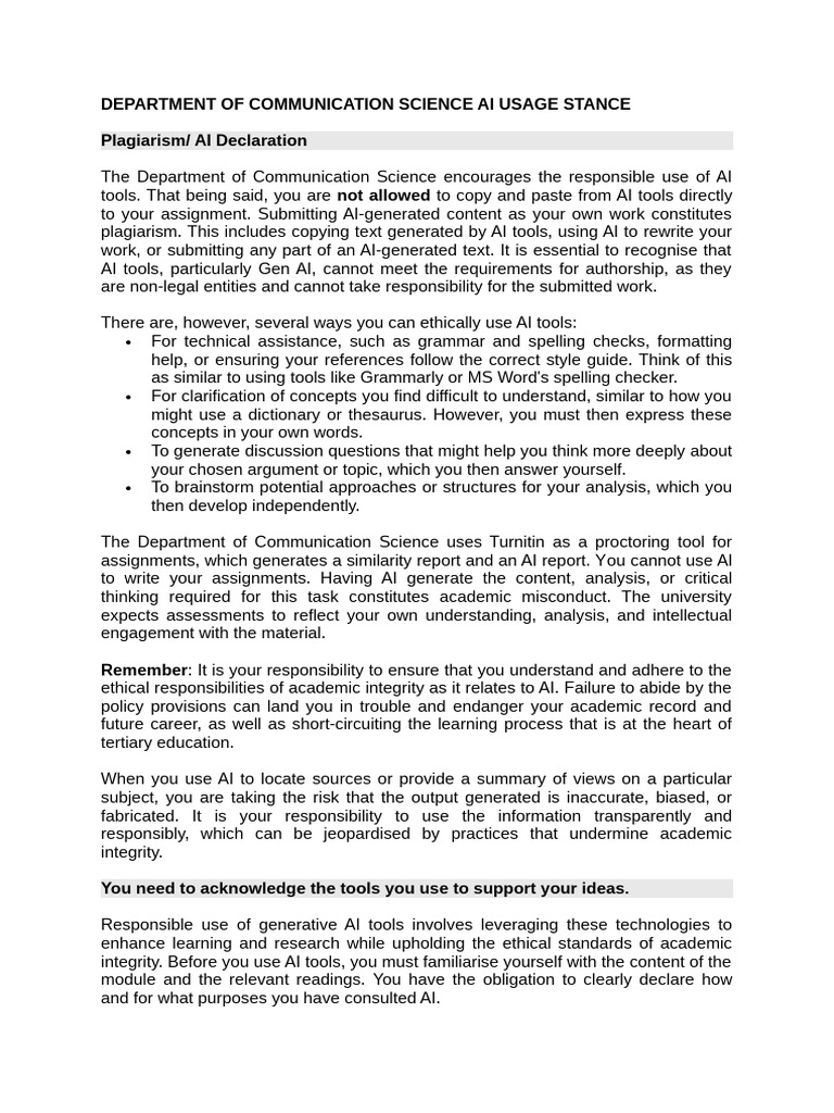 AI Declaration Form to be included in the assignment | PDF | Plagiarism ...