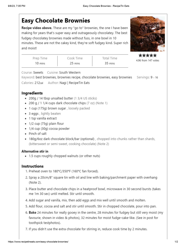 Fudgy Easy Chocolate Brownies Recipe | PDF | Chocolate | Chocolate Brownie
