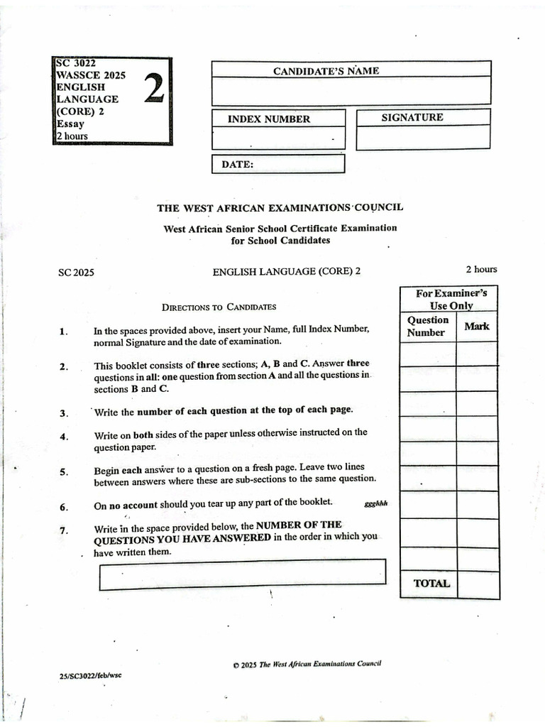 Wassce 2025 English Language Past Questions Paper 1 and 2 | PDF