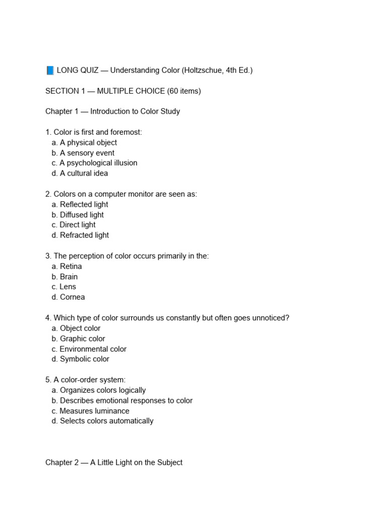 Long Quiz on Color Theory Concepts | PDF | Color | Light