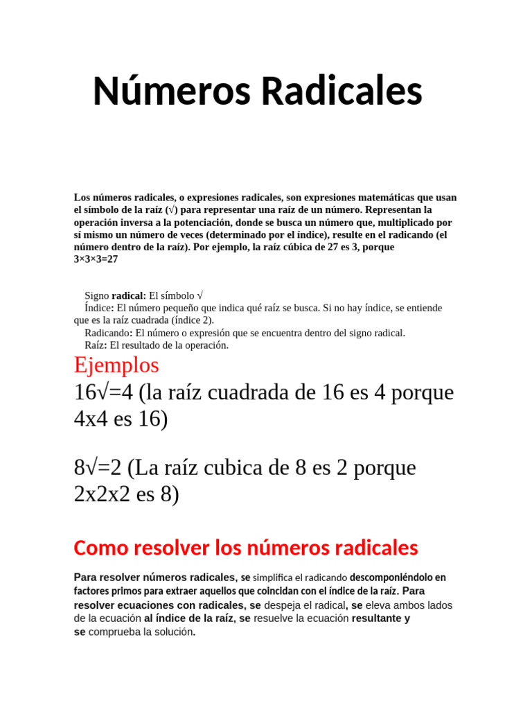Guía sobre Números Radicales y su Resolución | PDF