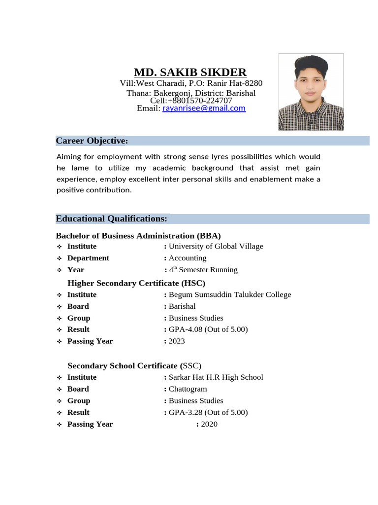 Md. Sakib Sikder's CV and Profile | PDF