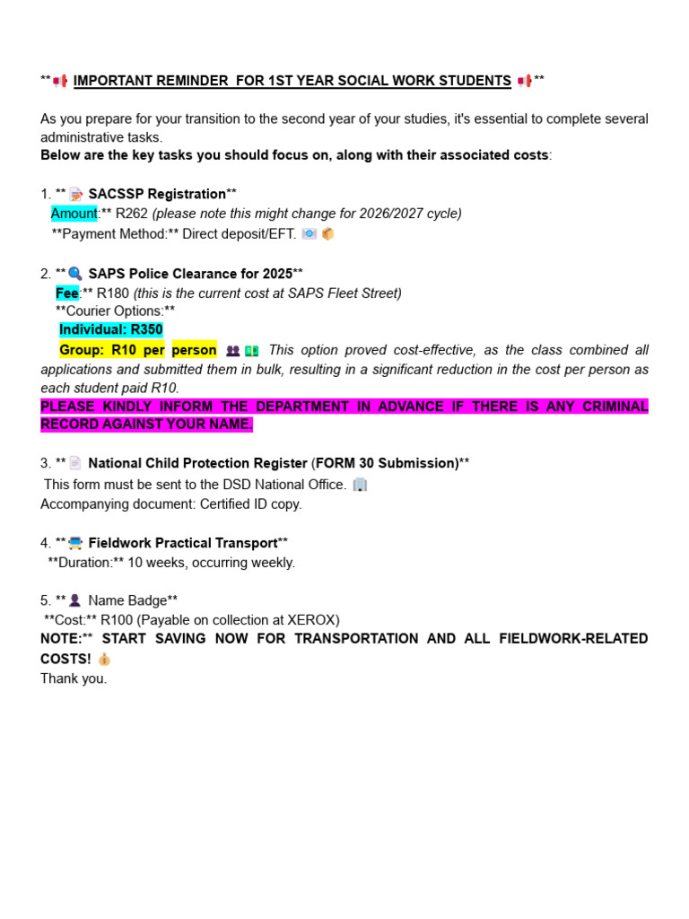 ? Important Reminder For 1st Year Social Work Students ? | PDF