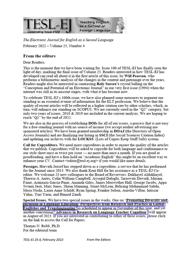 TESL-EJ 100th Issue Overview | PDF | Copy Editing | Academic Journal