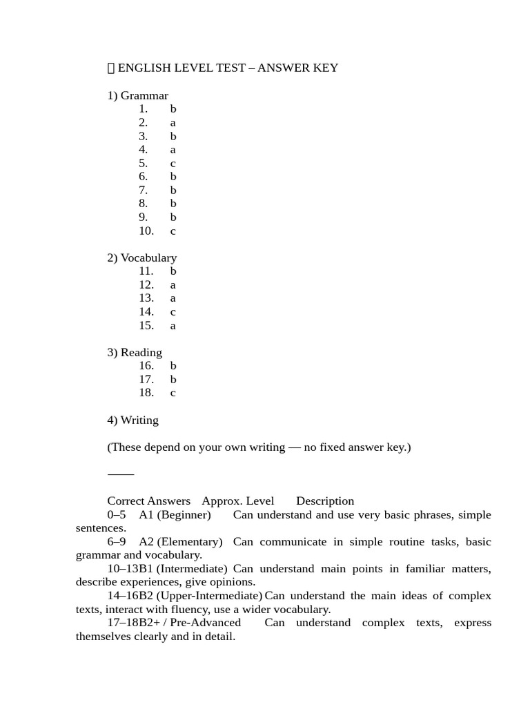 English Level Test Answer Keys | PDF