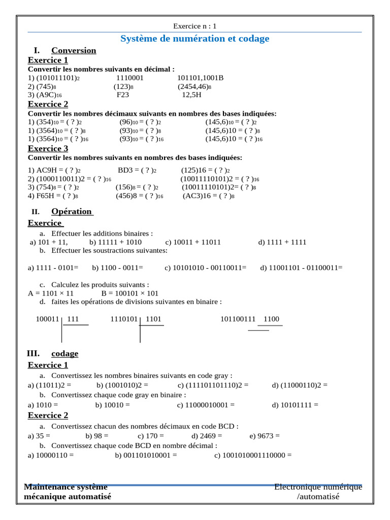 Exercice N 1 Systeme de Numeration Et Codage | PDF | Décimal codé ...