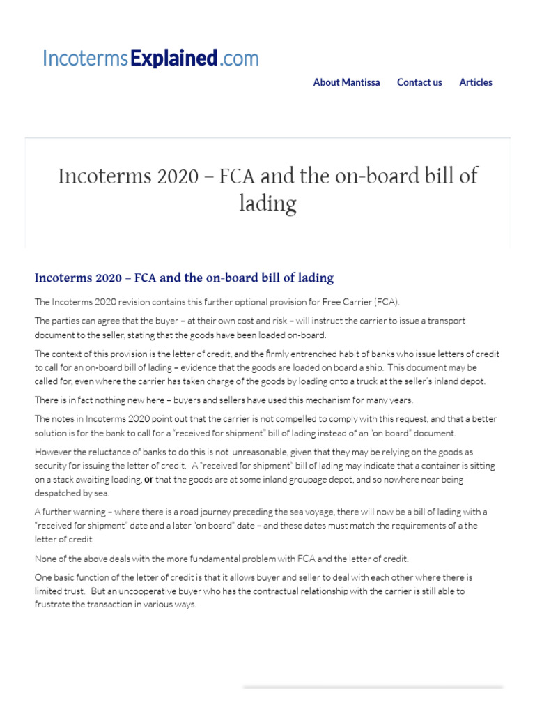 Incoterms 2020 - FCA and the on-board Bill of Lading - Incoterms ...