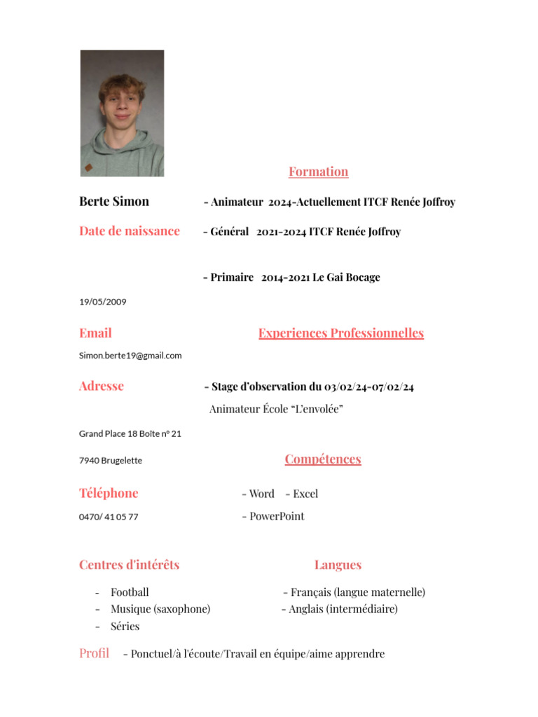 CV de Berte Simon - Animateur 2024 | PDF