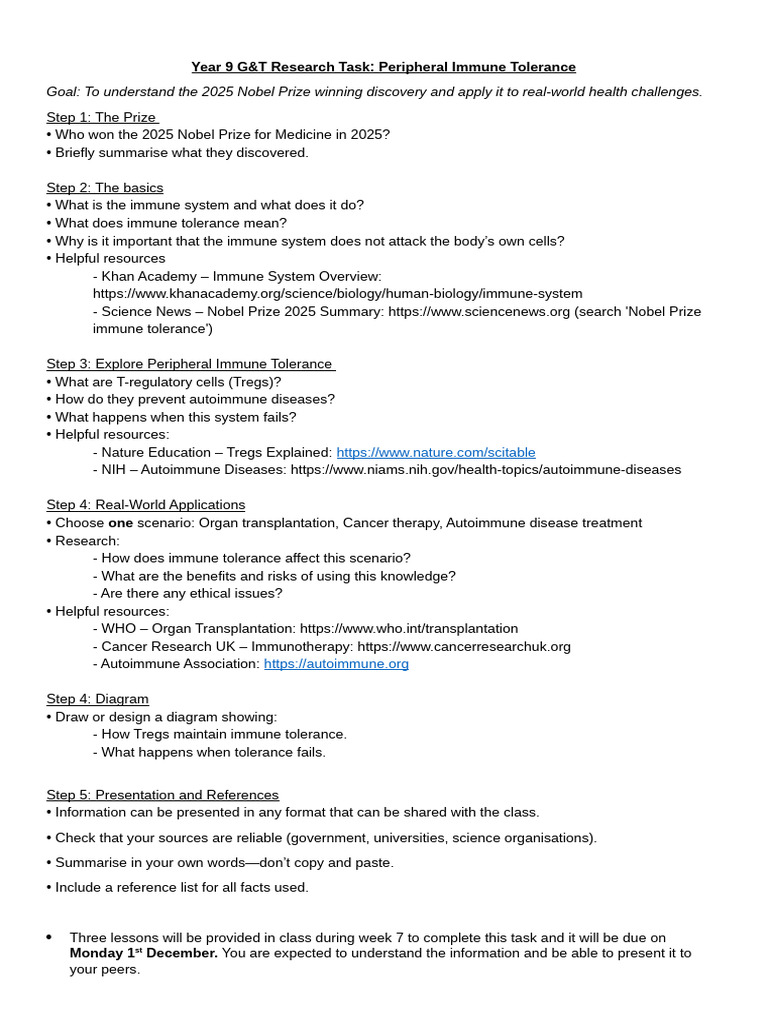 Year 9 G&T: Immune Tolerance Research | PDF