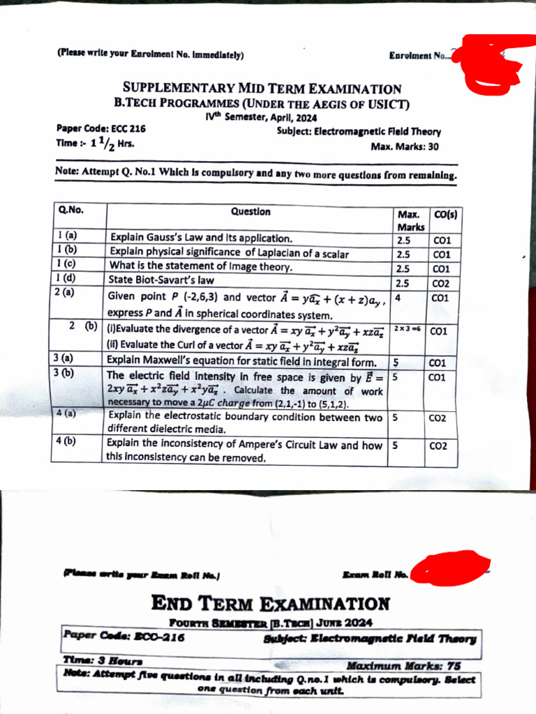 EMFT Mid Sem and End Sem (1) | PDF | Electricity | Electromagnetism