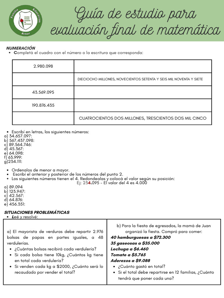 Guía de Estudio Matemática: Ejercicios y Problemas | PDF