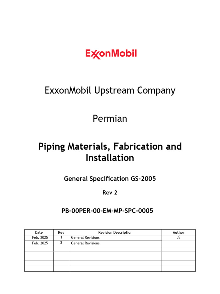 ExxonMobil Piping Spec GS-2005 Rev 2 | PDF | Pipe (Fluid Conveyance ...