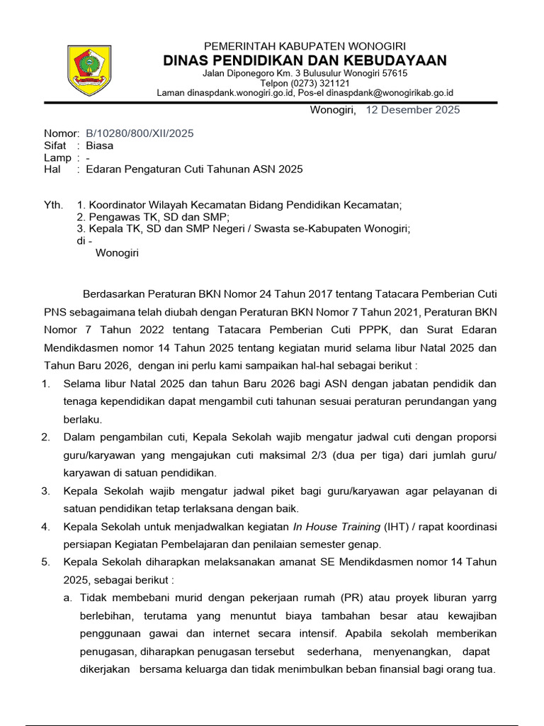 202512120714281. Surat Edaran Pengaturan Cuti Tahunan Asn 2025 | PDF