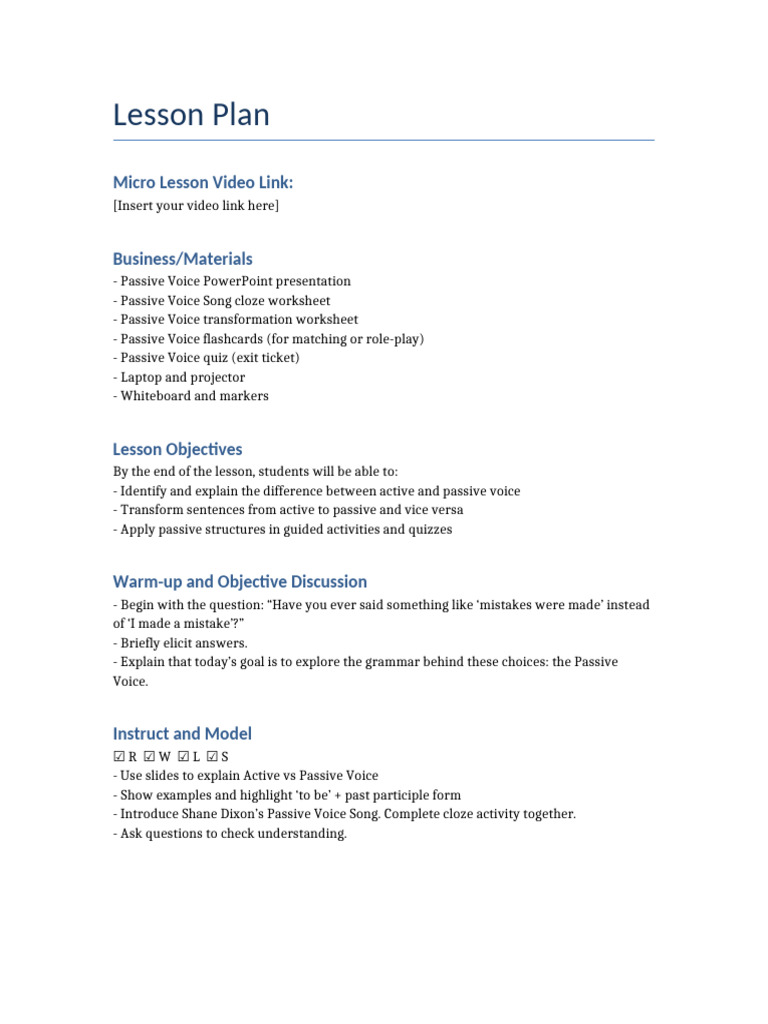 Passive Voice Lesson Plan and Activities | PDF