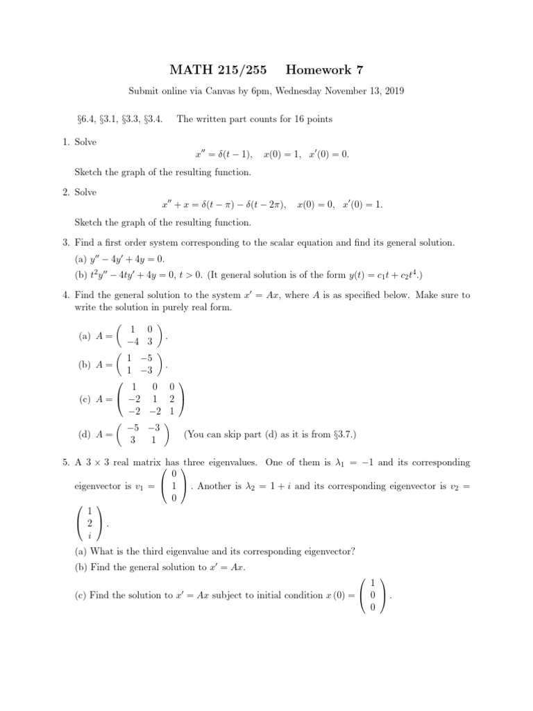 MATH 215/255 Homework 7: x δ t, x, x | PDF