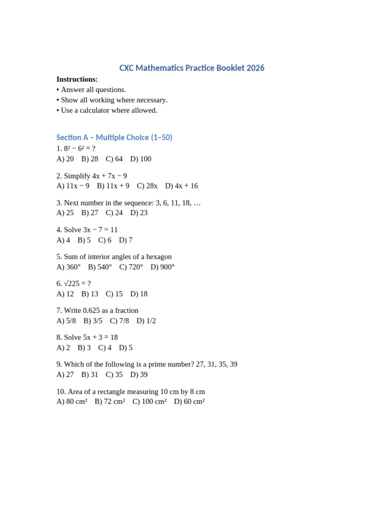 CXC Math Practice Booklet 2026 | PDF