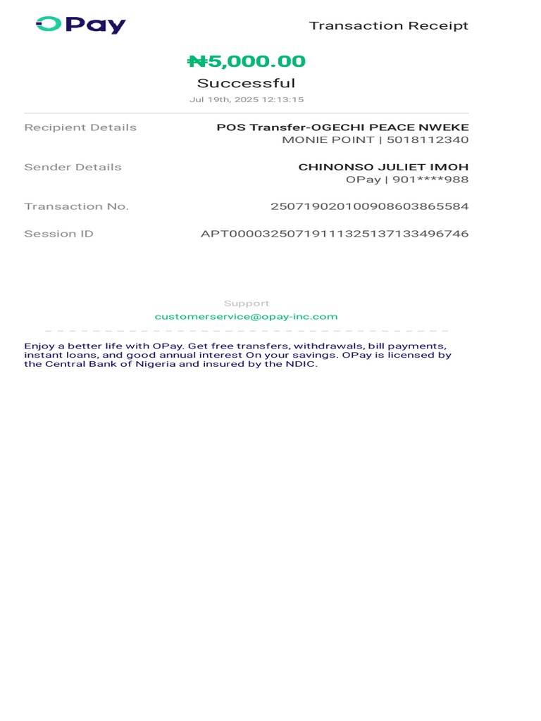 OPay Transaction Receipt - ₦5,000 Successful | PDF