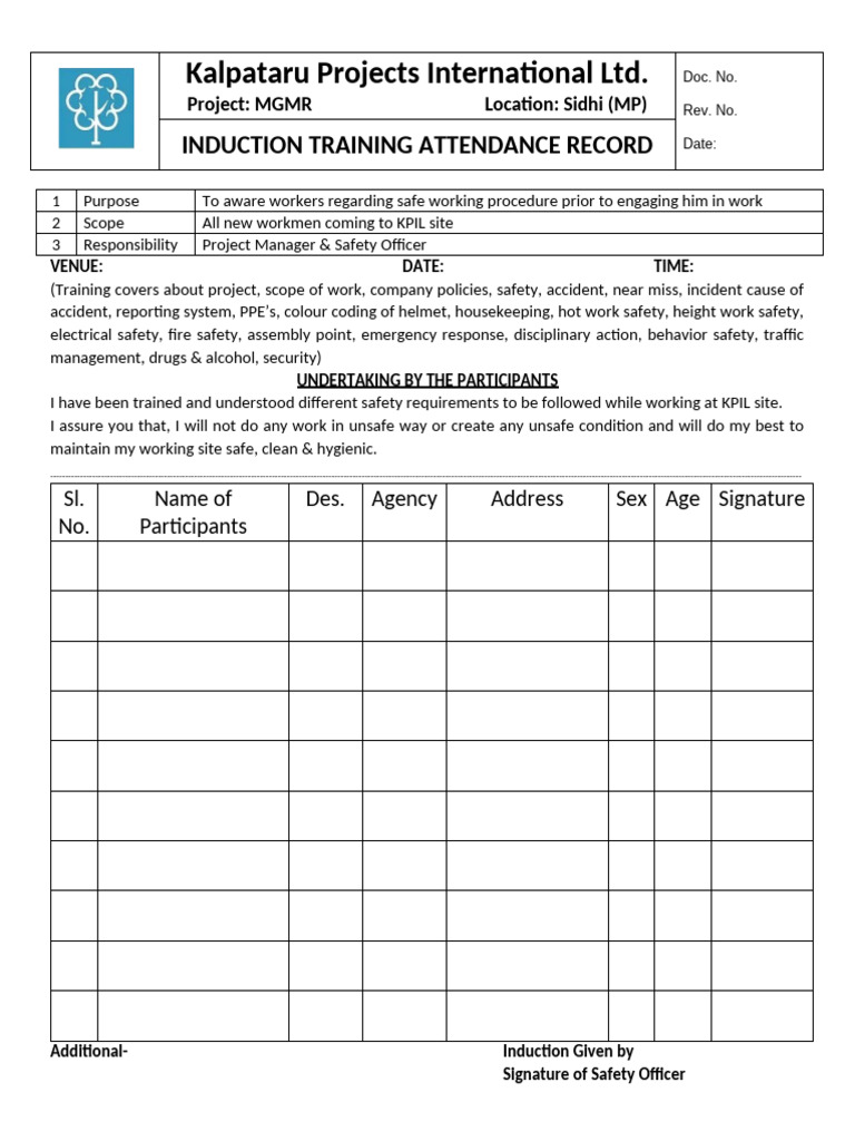Induction Training Attendance Record | PDF