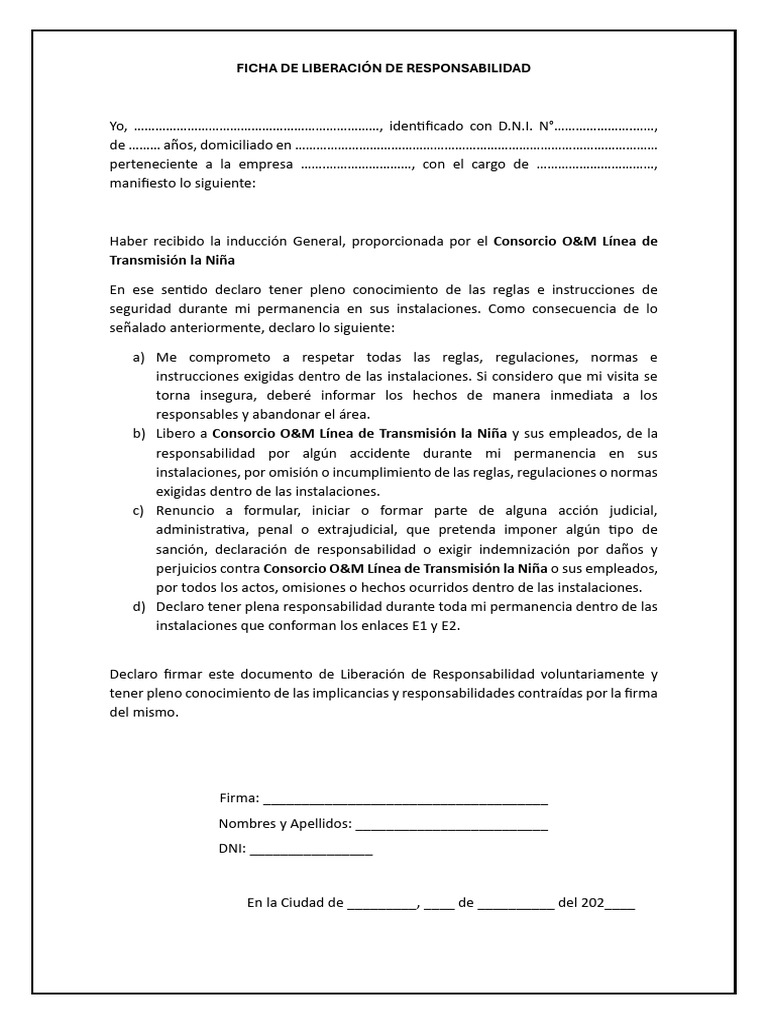 Ficha de Liberación de Responsabilidad | PDF