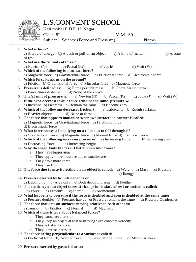 Class 8 Force and Pressure MCQ | PDF