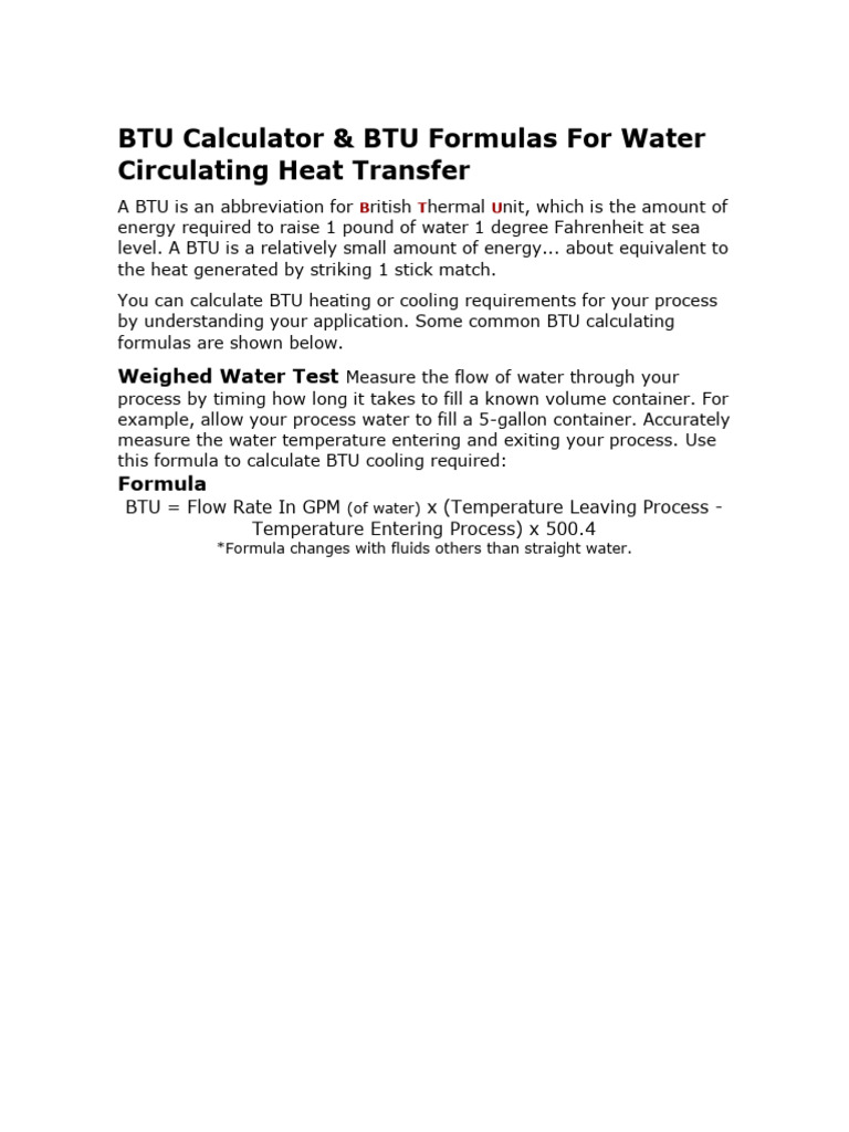 BTU Calculator for Water Heating Needs | PDF