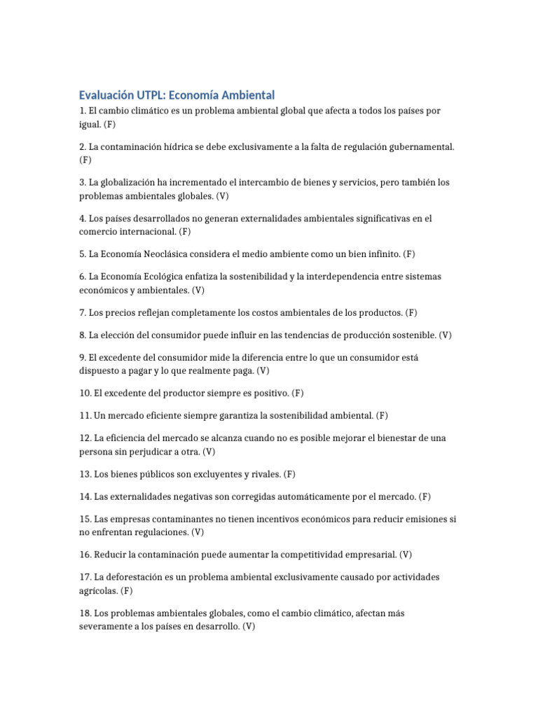 Evaluacion Utpl Economia Ambiental | PDF | Exterioridad | Excedente económico