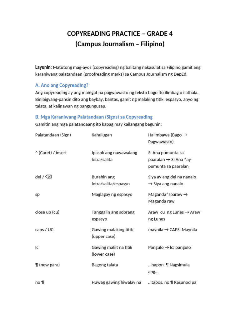 Copyreading Practice Grade4 Filipino DepEd | PDF
