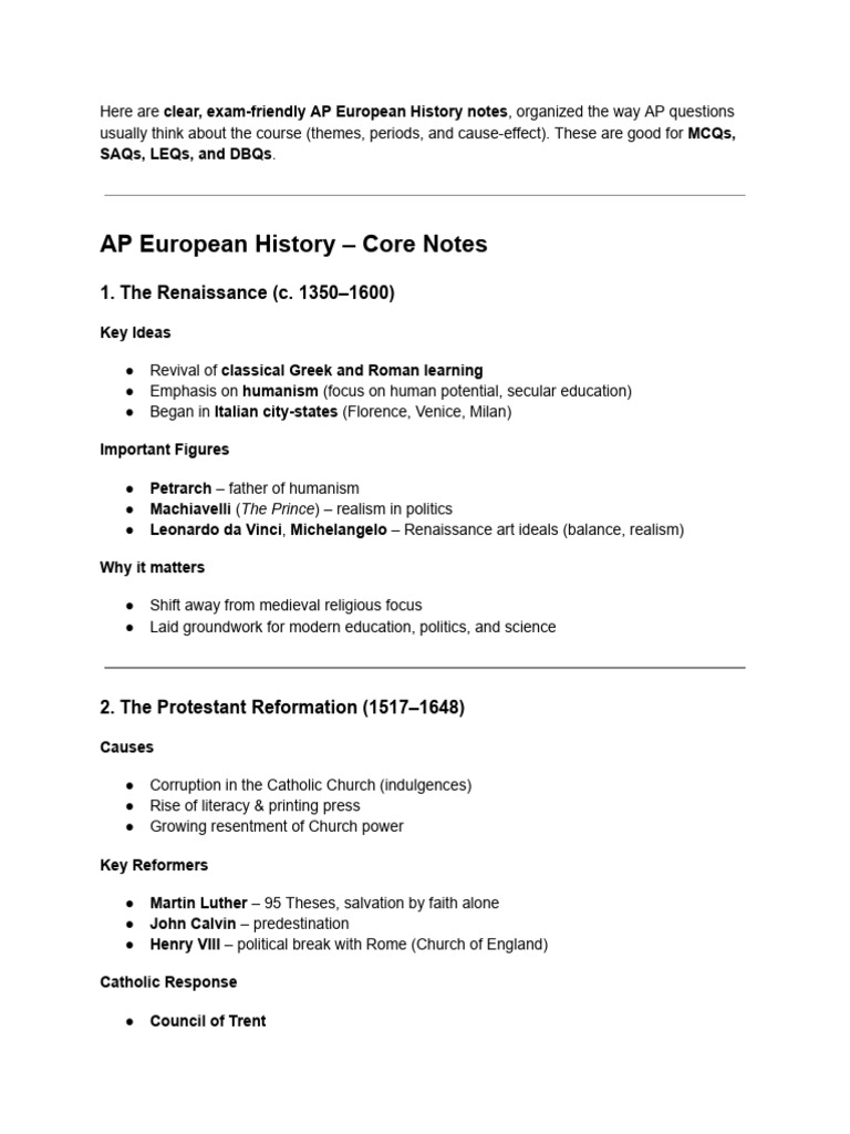 AP European History Study Notes and Tips | PDF | Renaissance | Age Of ...
