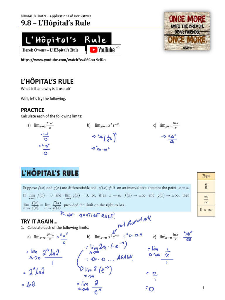 9.8 - Completed - L - Hopital - S Rule | PDF | Functions And Mappings ...