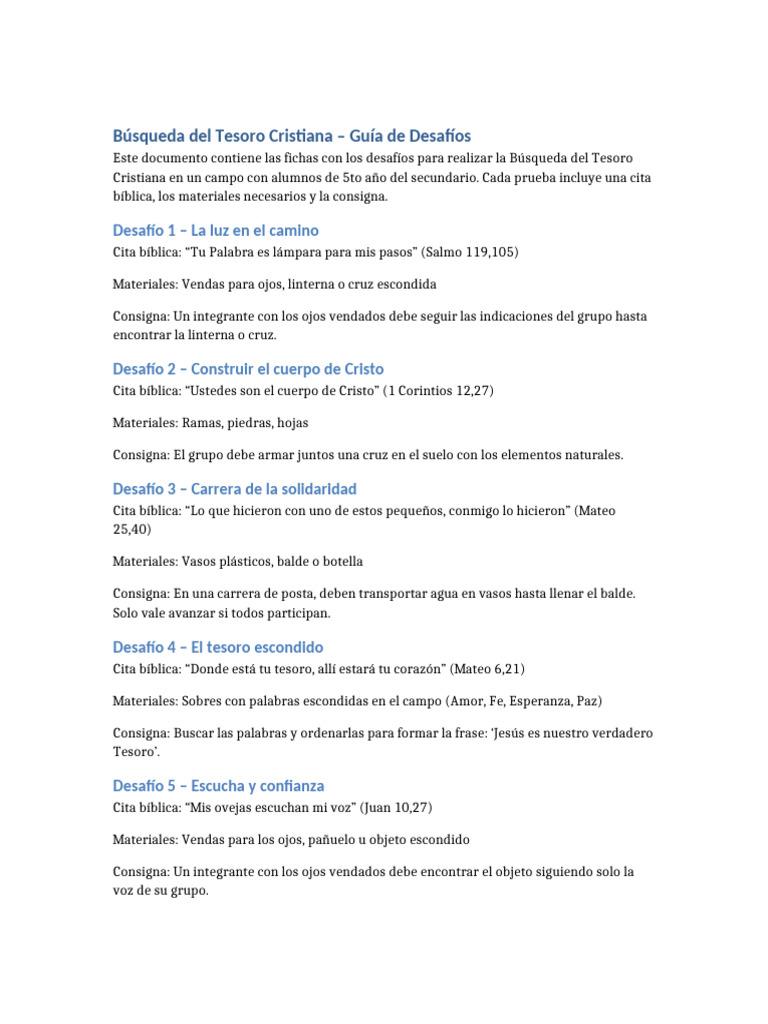 Desafíos para Búsqueda del Tesoro Cristiana | PDF