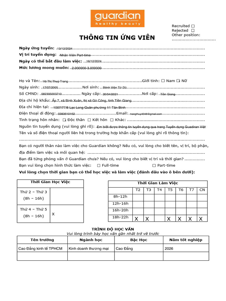 02.3a Thông Tin Ứng Viên Cửa Hàng - Job Application Form - Store | PDF