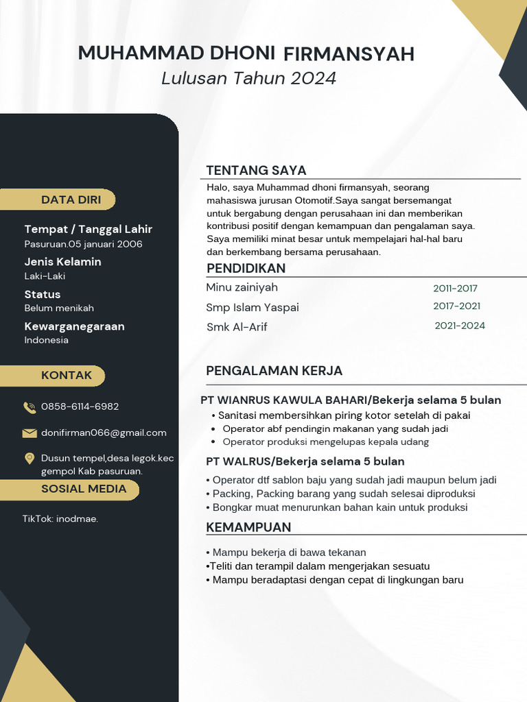 CV Muhammad Dhoni Firmansyah | PDF