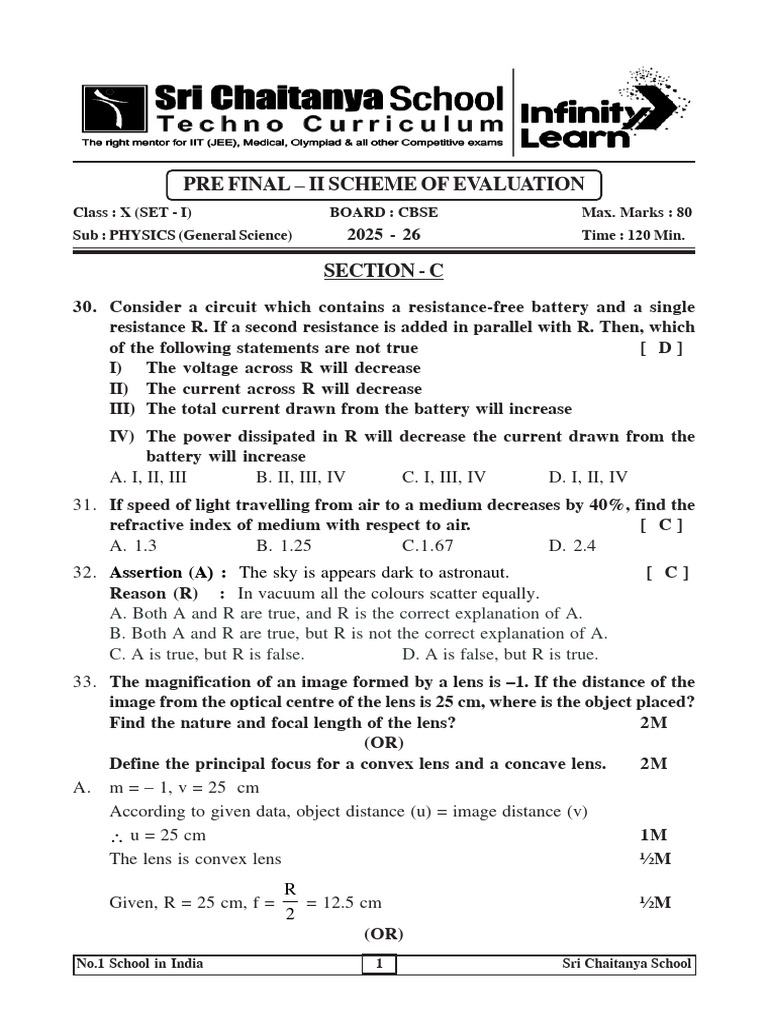 Cbse X Physics Scheme of Evaluation Pre Final - 2 QP (Set - I) | PDF ...