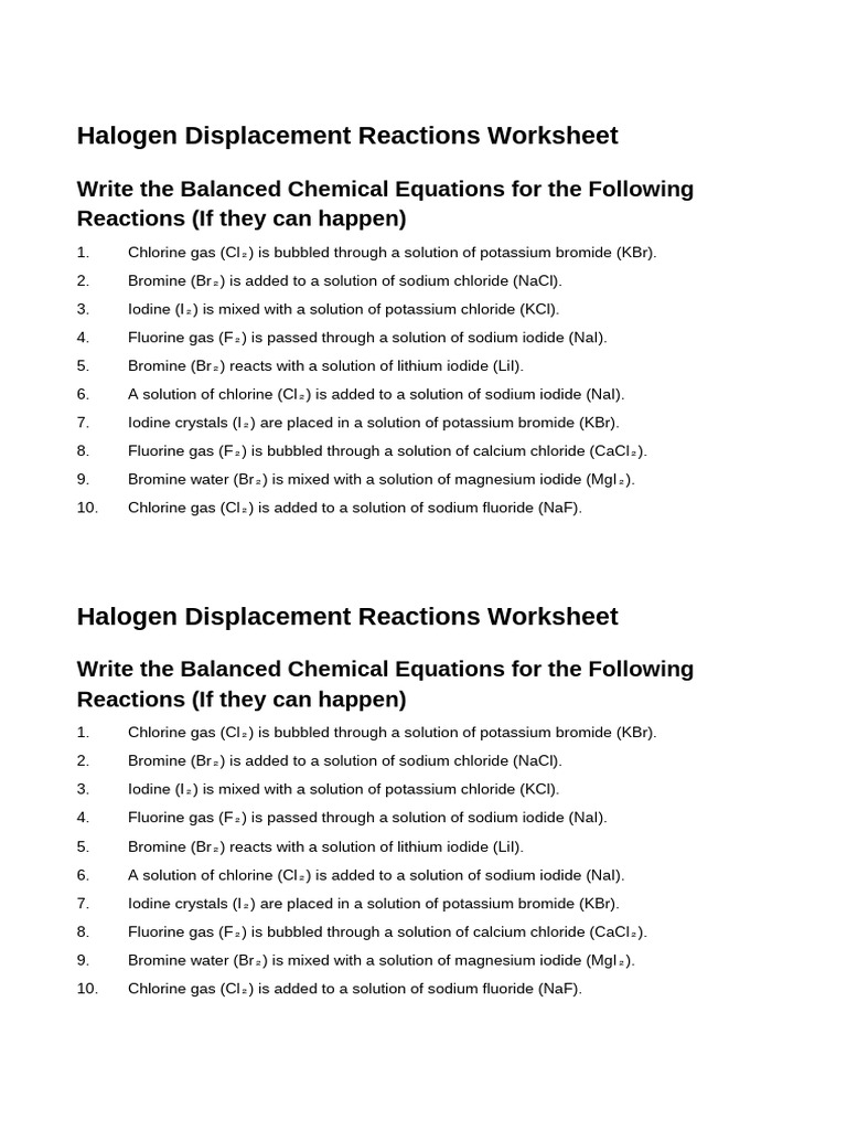 Halogen Displacement Reactions Worksheet | PDF | Chlorine | Iodine