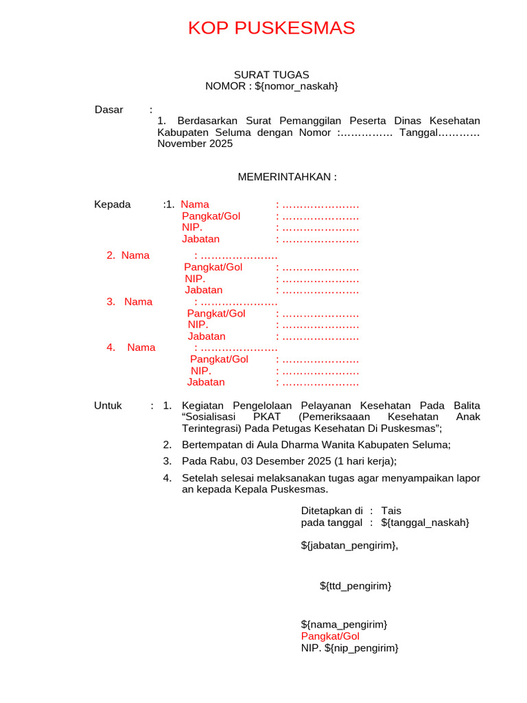 Surat Tugas Sosialisasi PKAT Puskesmas | PDF
