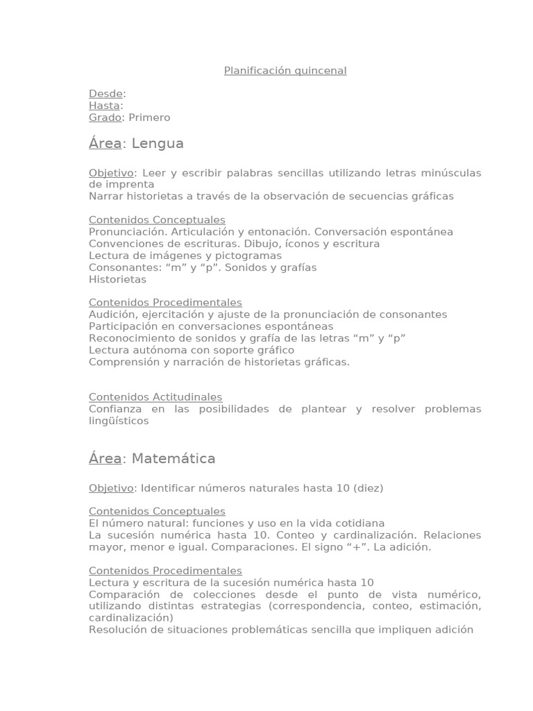 01 Planificación Quincenal 1º | PDF | Escritura
