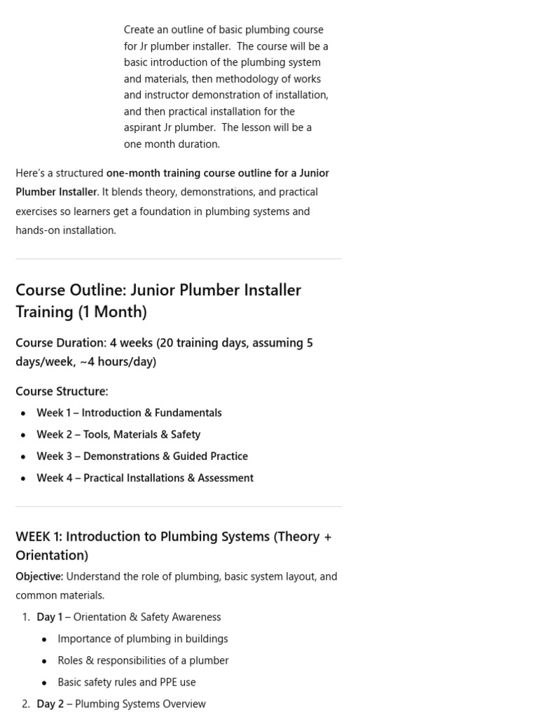 Plumbing Course Outline | PDF | Plumbing | Pipe (Fluid Conveyance)