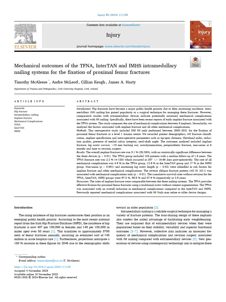 Mechanical Outcomes of The TFNA, InterTAN and IMHS | PDF | Implant ...