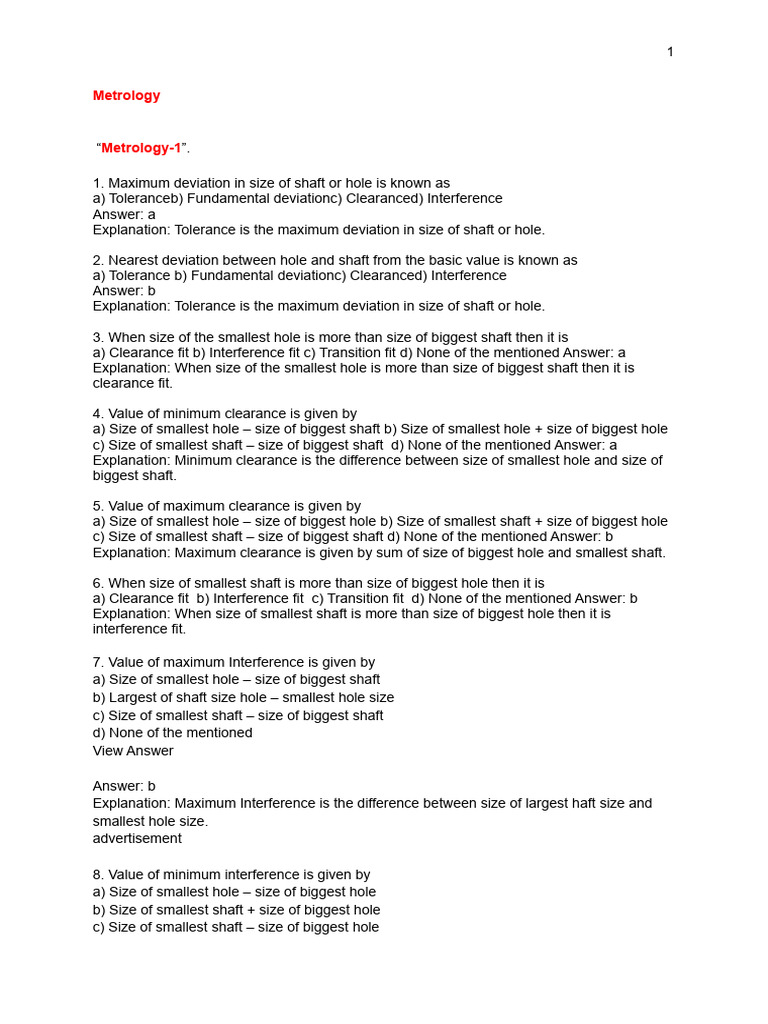 Engineering Metrology Questions and Answers | PDF | Engineering Tolerance