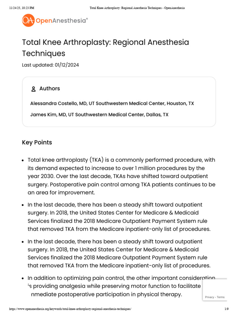 Total Knee Arthroplasty - Regional Anesthesia Techniques ...