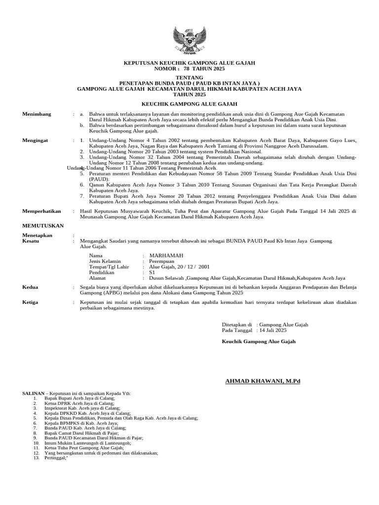 Penetapan Bunda PAUD Alue Gajah 2025 | PDF