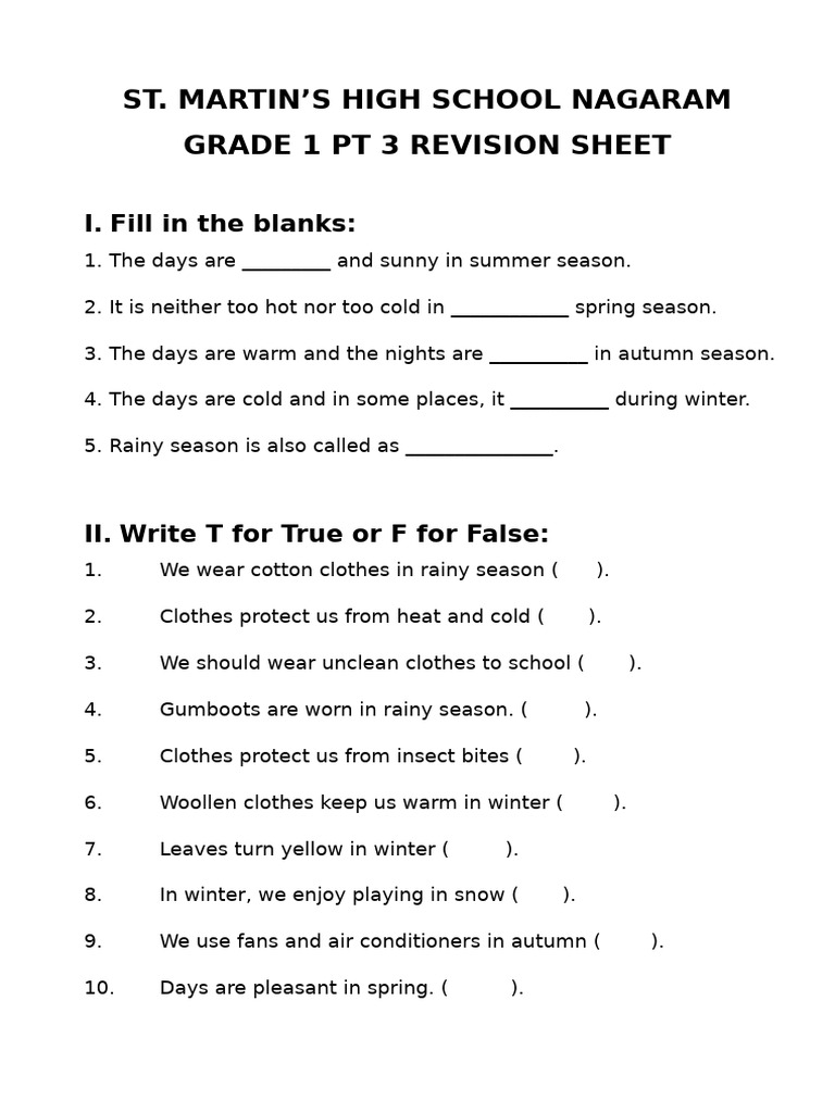 Grade 1 Seasonal Revision Sheet | PDF