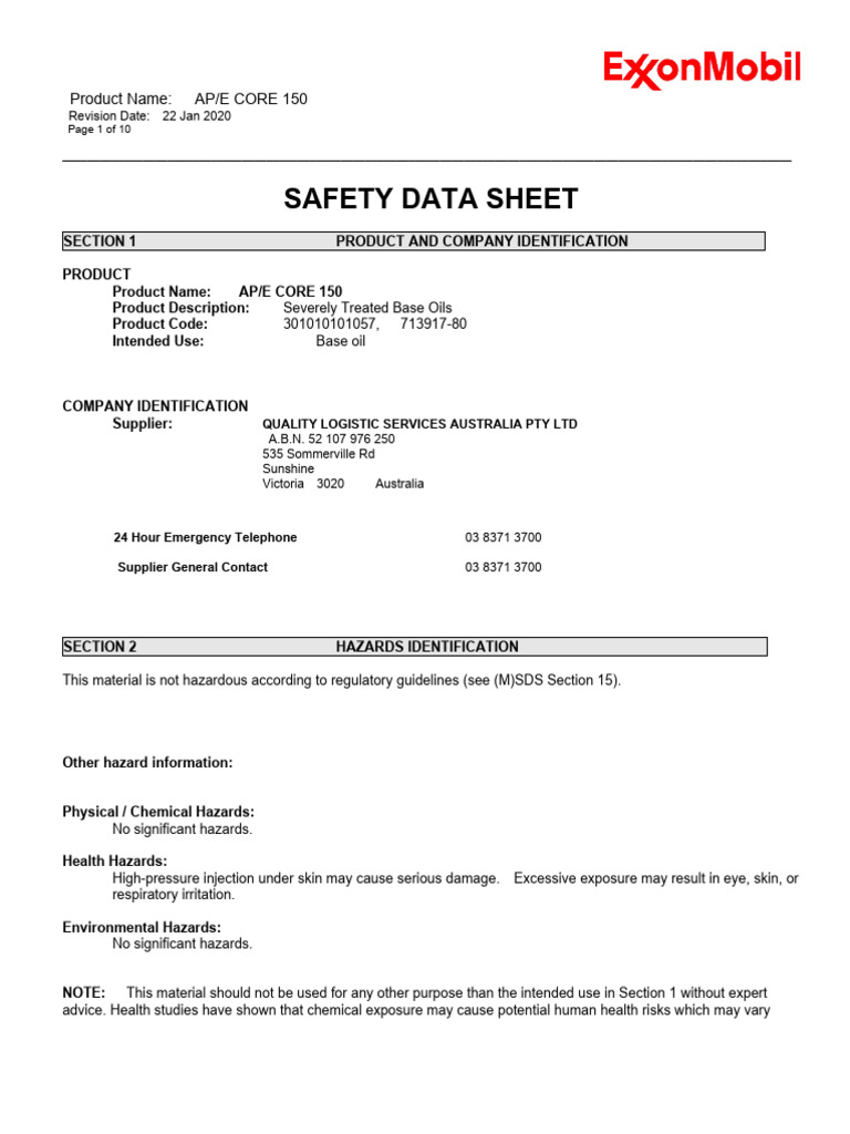 Msds Core a-150 (Base Oil) | PDF | Firefighting | Personal Protective ...