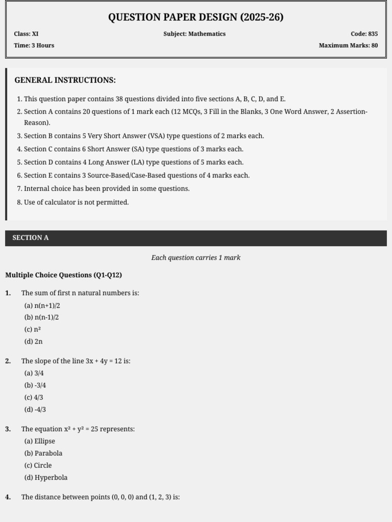 Class XI Mathematics Question Paper 2025-26 | PDF | Line (Geometry ...
